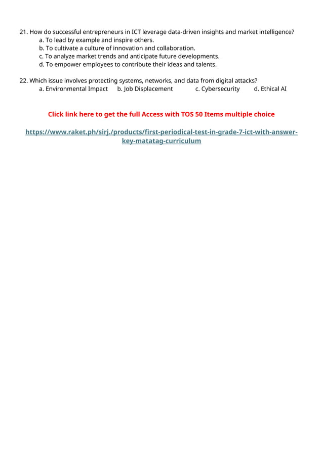 First Periodical Test in Grade 7 ICT - MATATAG Curriculum with answer ...