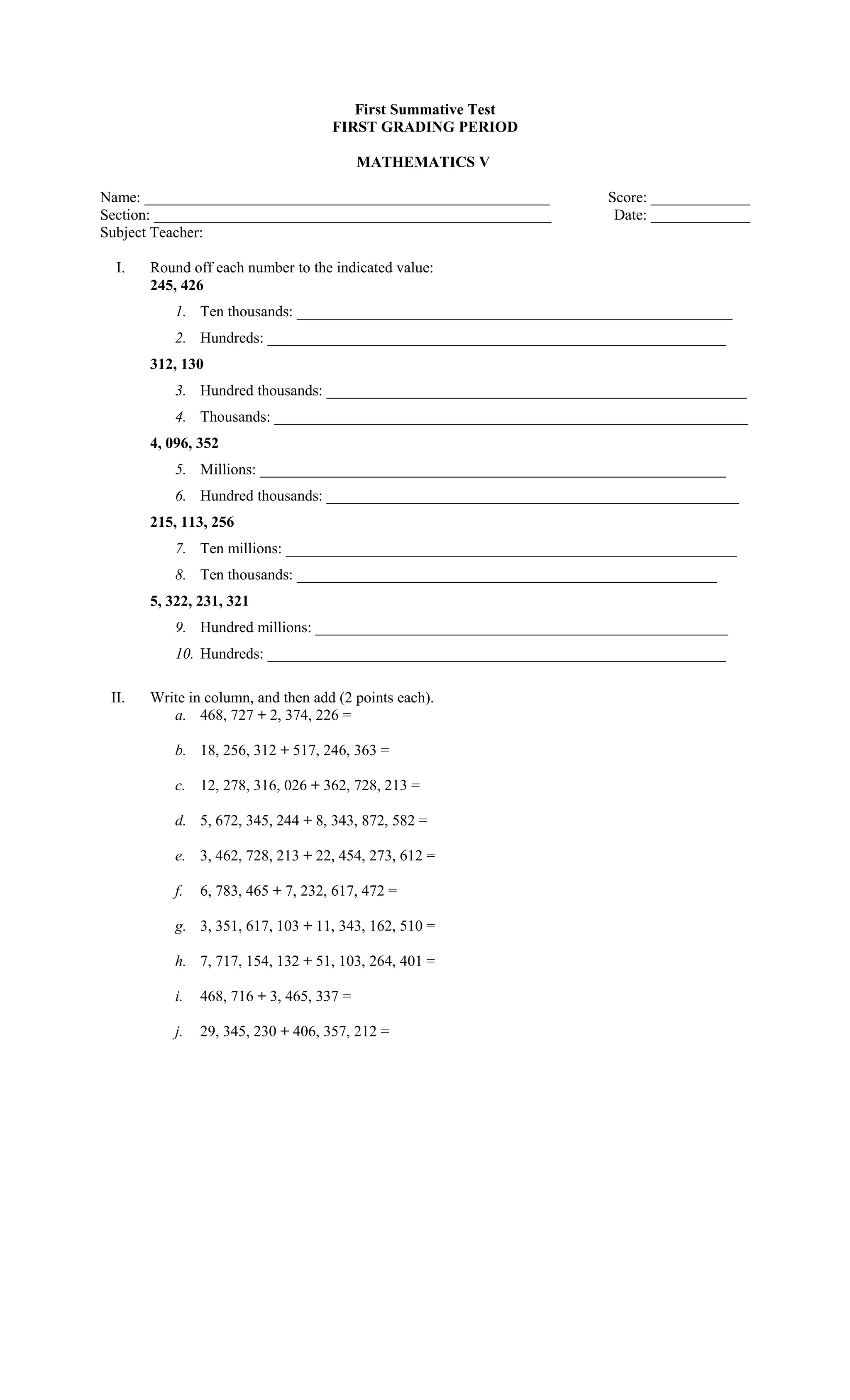 First Quarter 1st summative test | DOC