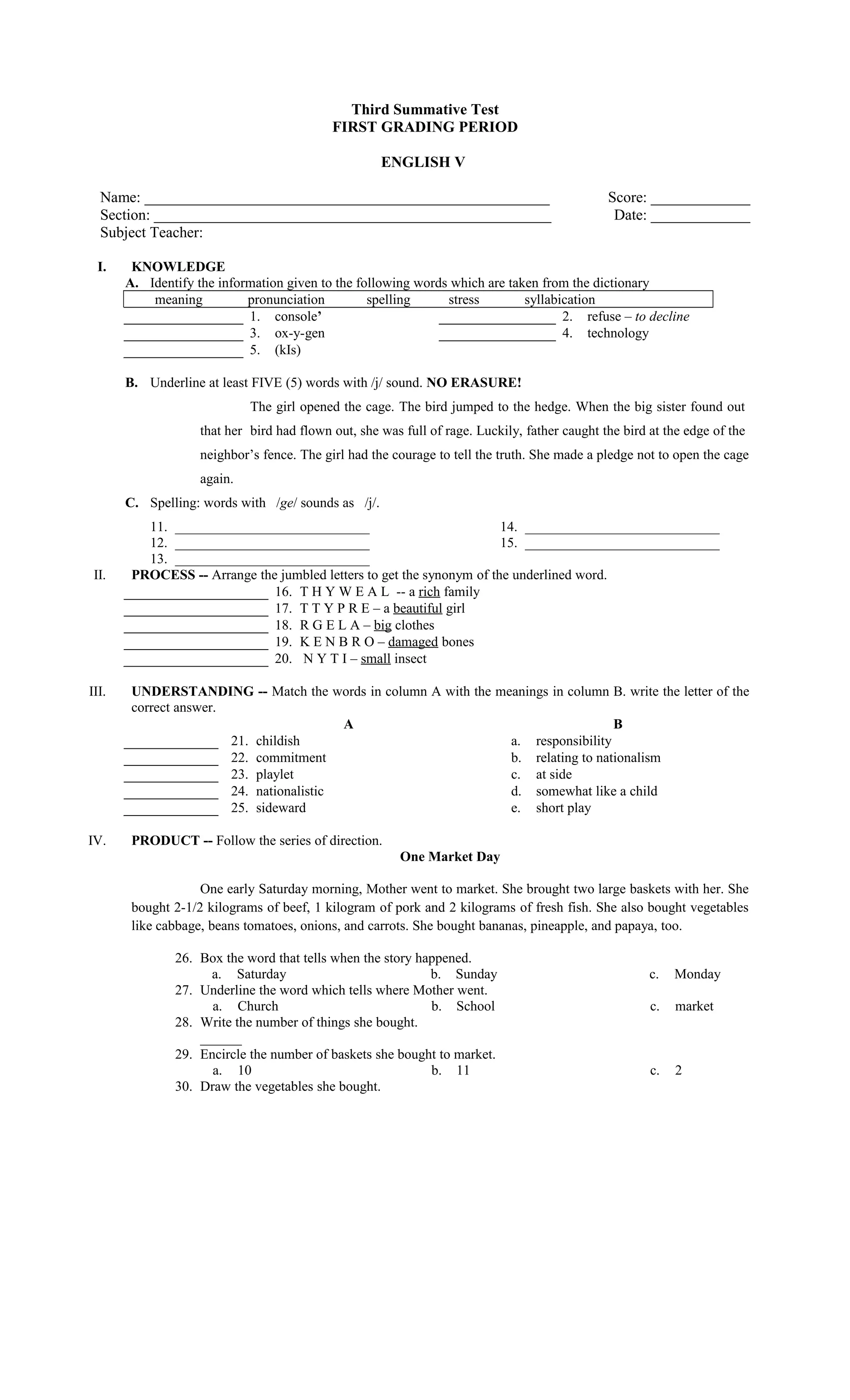 First Quarter 3rd summative test | PDF