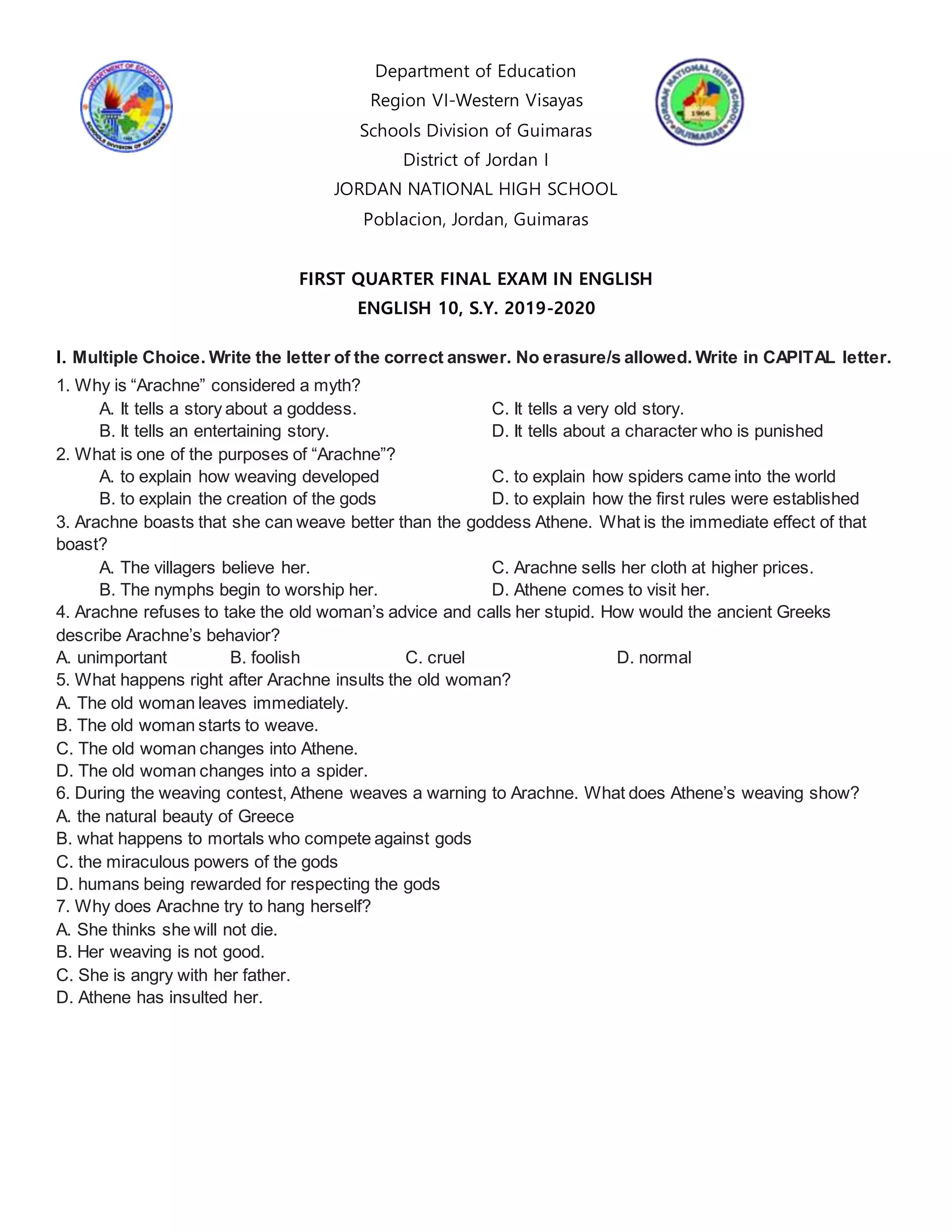 DepEd English Grade 10 First Quarter Examination | DOCX