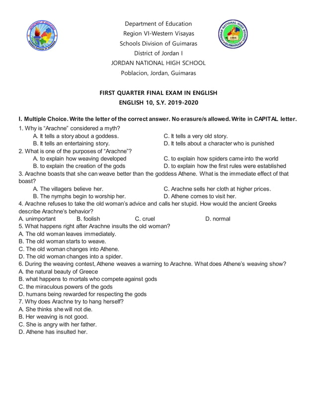 DepEd English Grade 10 First Quarter Examination | PDF