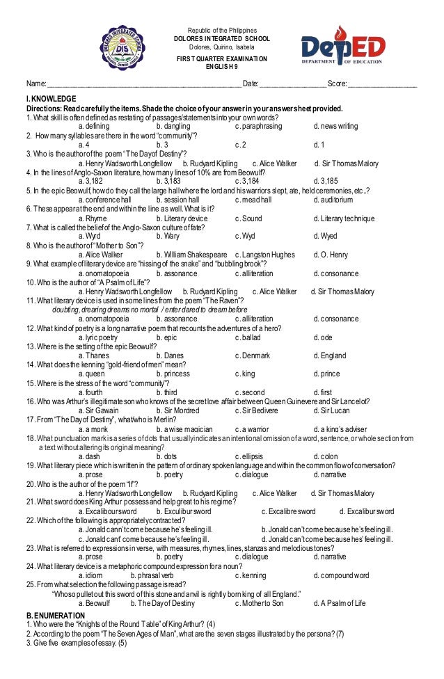 First quarter examination in english 7 10