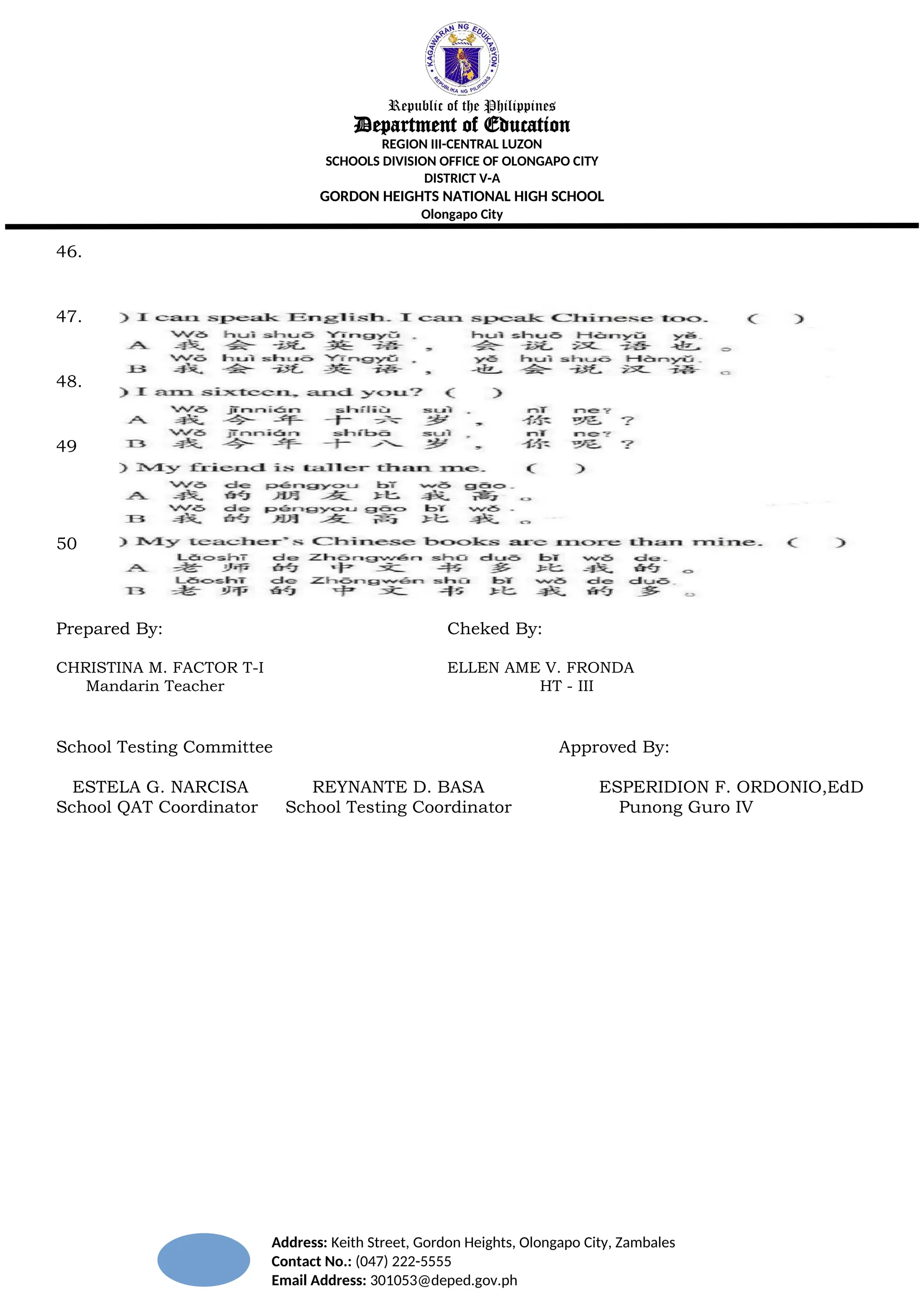 FIRST QUARTER EXAM IN MANDARIN ...8.docx