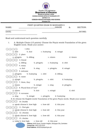 FIRST QUARTER EXAM IN MANDARIN ...8.docx