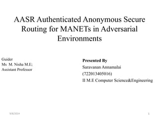 AASR Authenticated Anonymous Secure Routing for MANETs in Adversarial Environments-First review ...