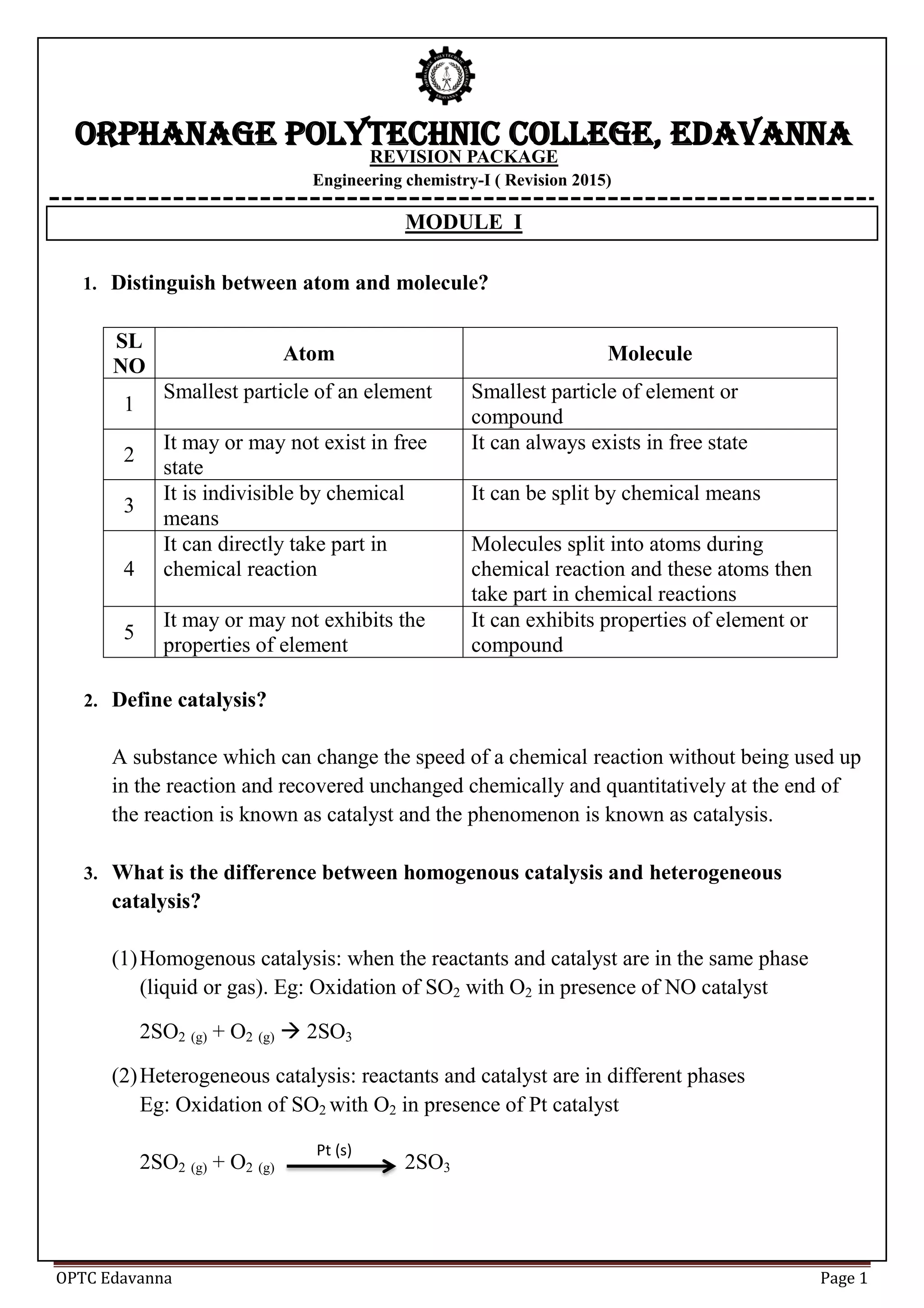 First semester diploma Engineering chemistry I | PDF