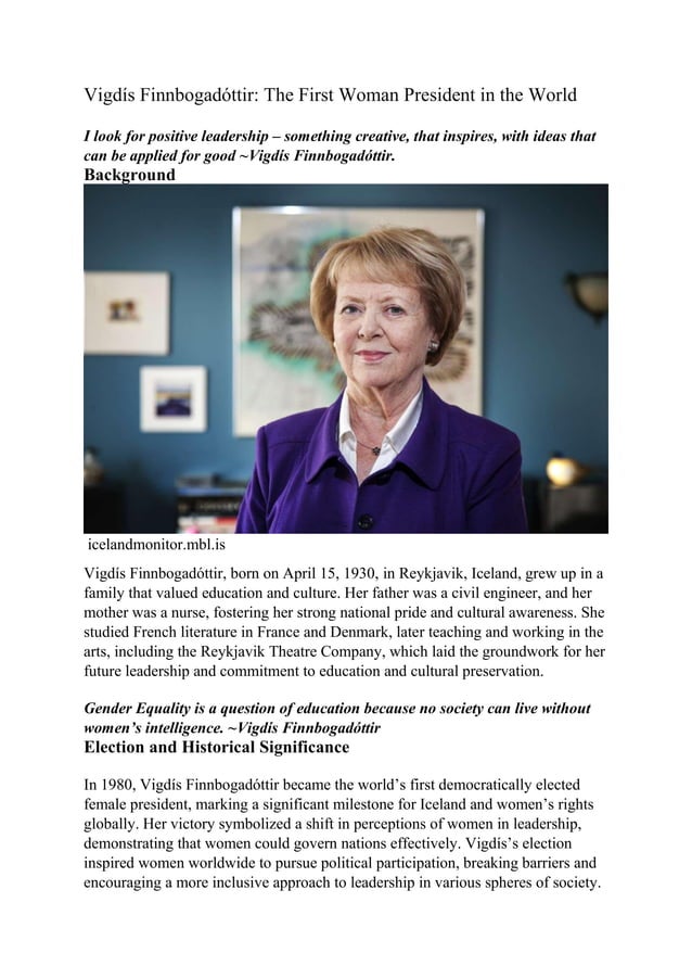 First Woman President in the World: Vigdís Finnbogadóttir | CIO Women ...
