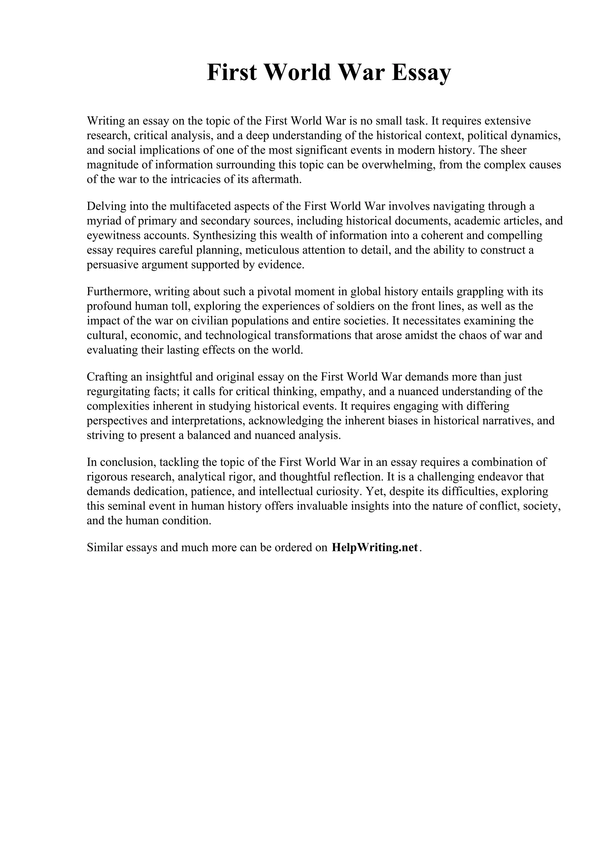 First World War Essay. Trinity Christian College | PDF