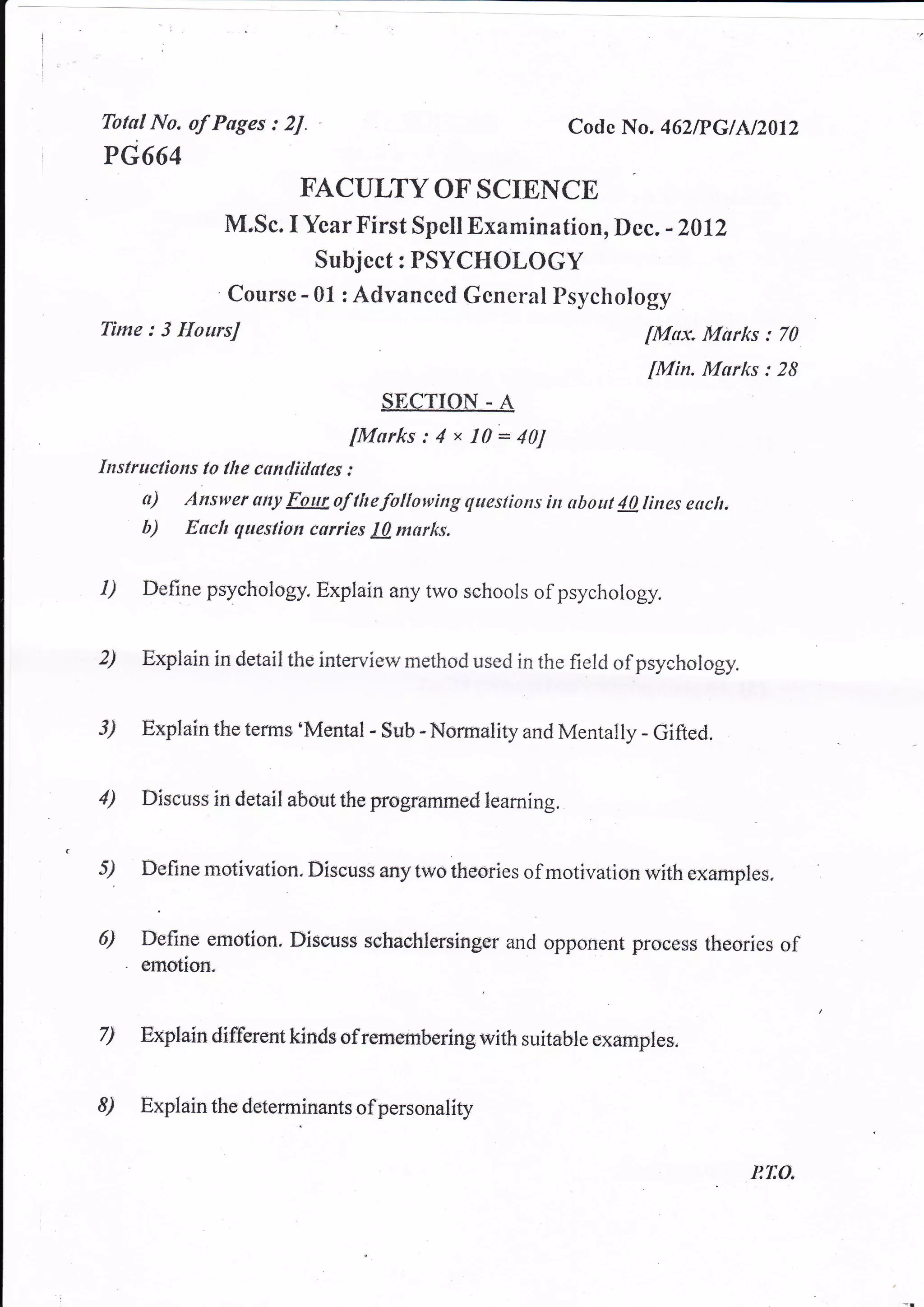 DR. BR AMBEDKAR OPEN UNIVERSITY First year paper psychology 1 & 2 | PDF