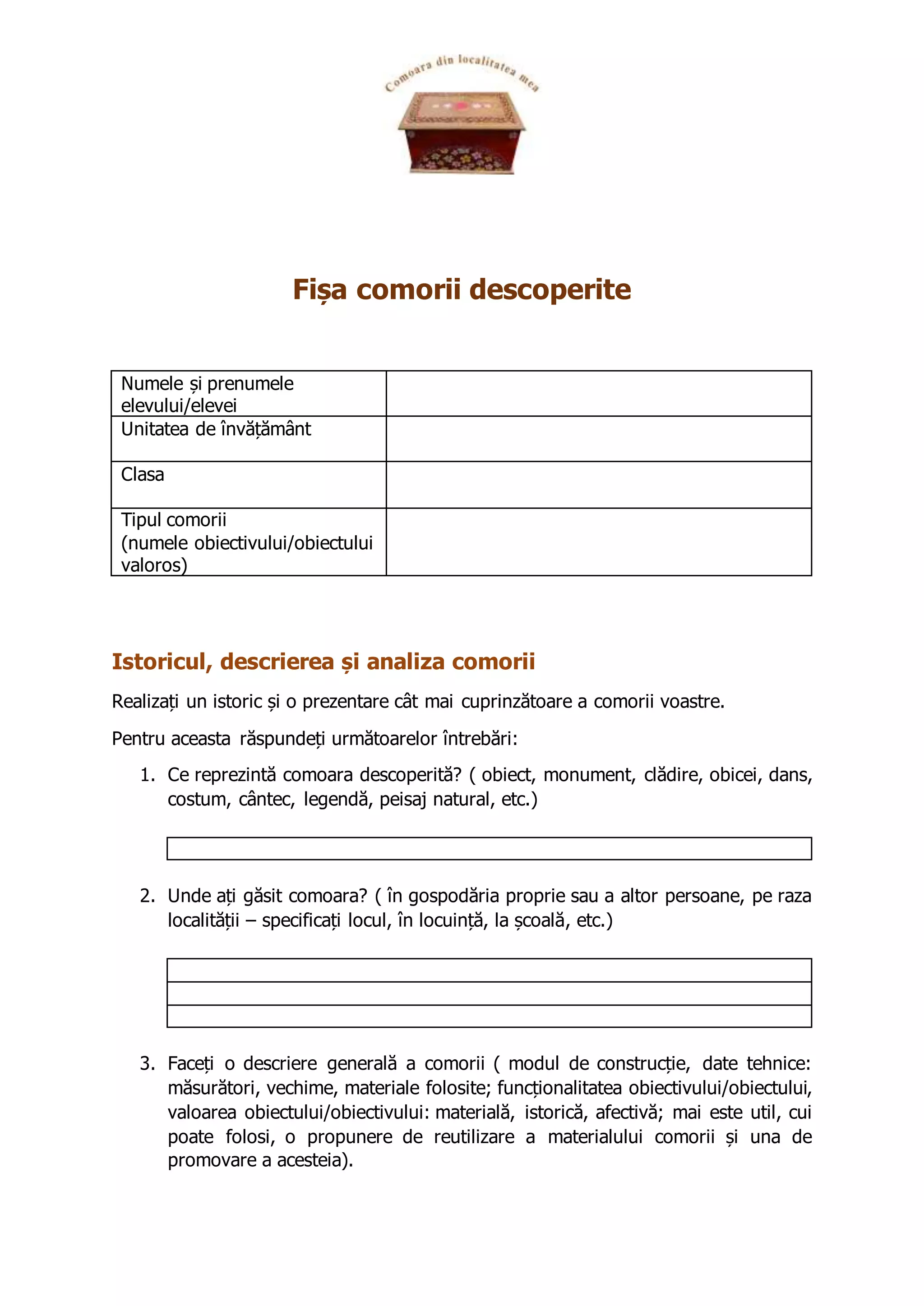 Fisa comorii-Proiect educațional ” Comoara din localitatea mea” | DOCX