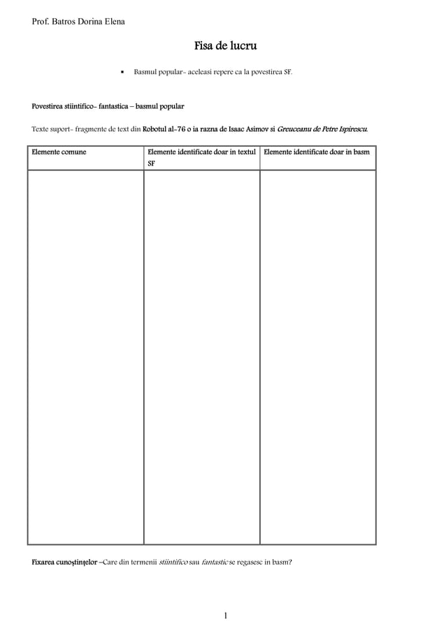 Fisa de lucru povestirea sf vs basm | PDF