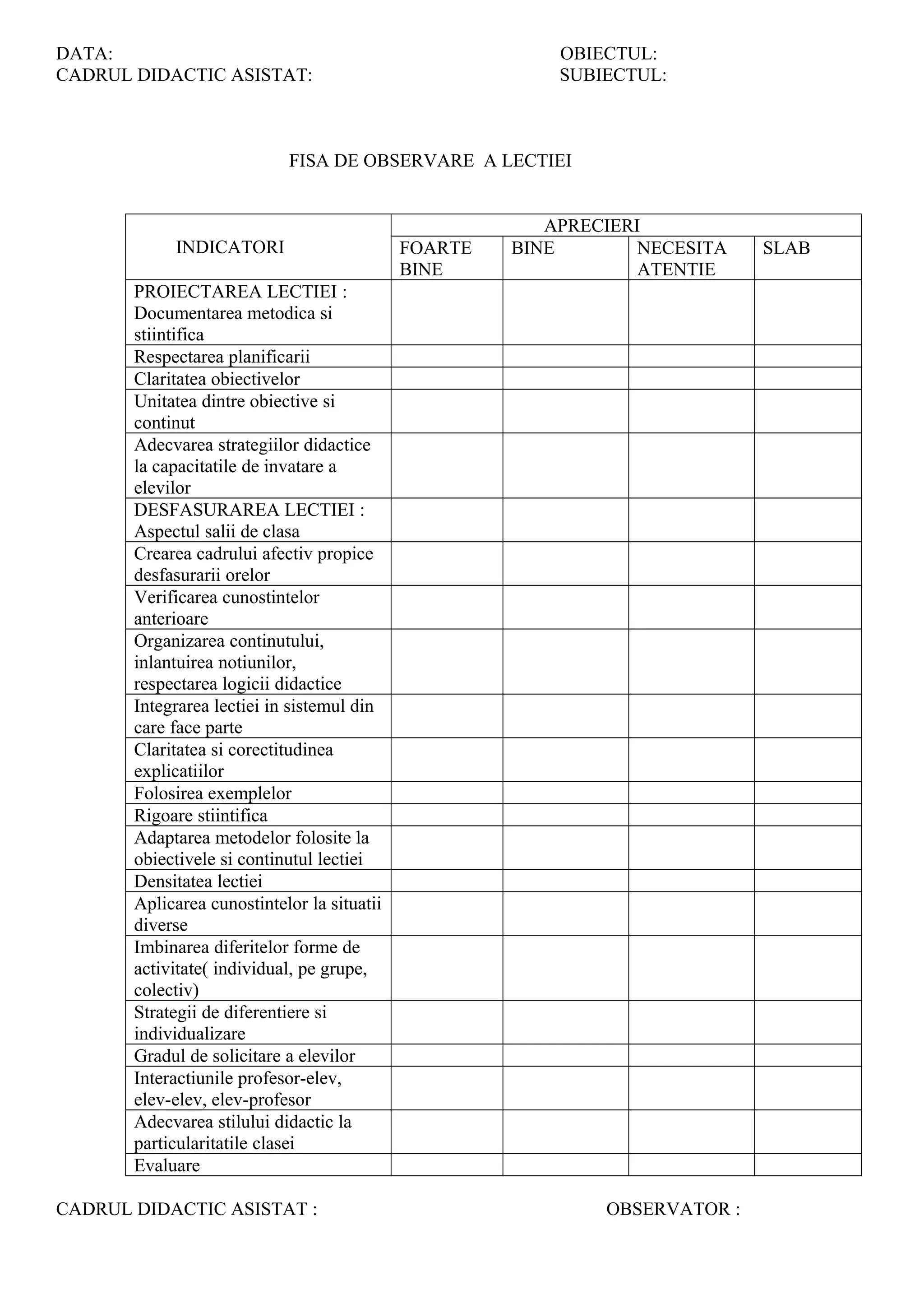 Fisa de observare a lectiei | DOC