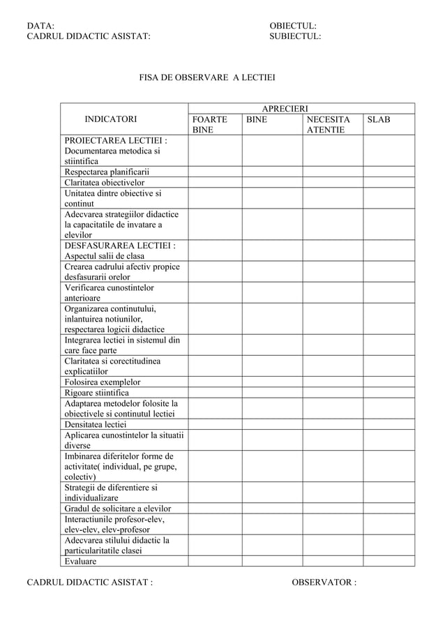 Fisa de observare a lectiei | DOC