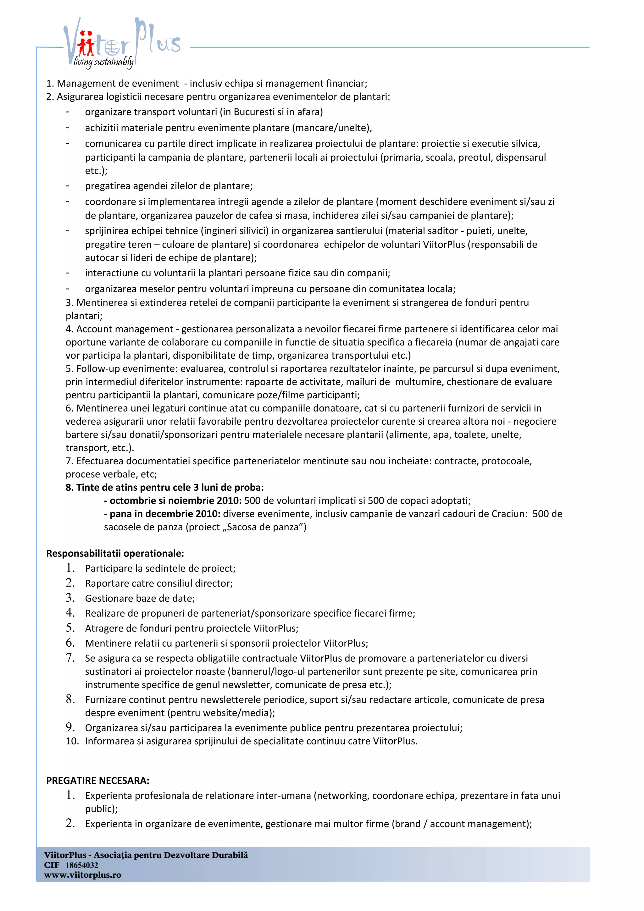 Fisa de post fundraiser si organizator plantari viitor_plus | DOC