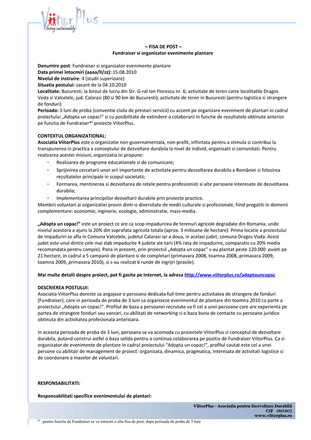 Fisa de post fundraiser si organizator plantari viitor_plus | DOC