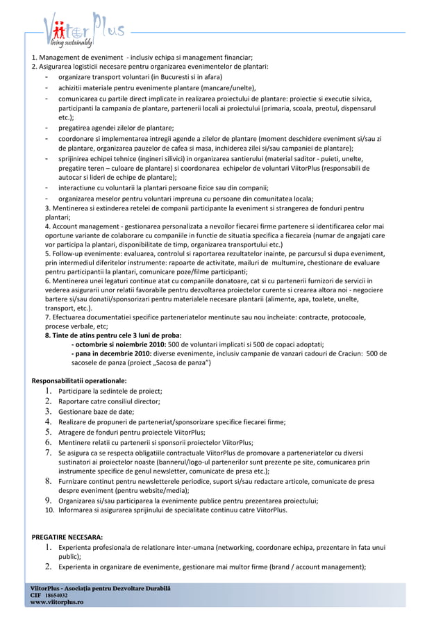 Fisa de post fundraiser si organizator plantari viitor_plus | DOC