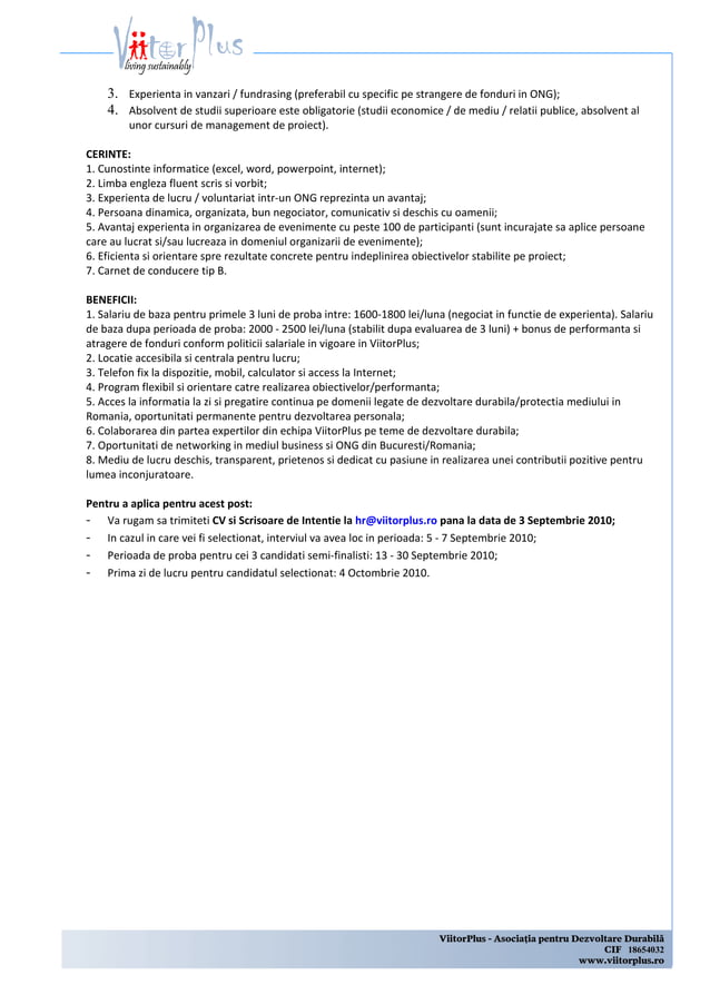 Fisa de post fundraiser si organizator plantari viitor_plus | DOC