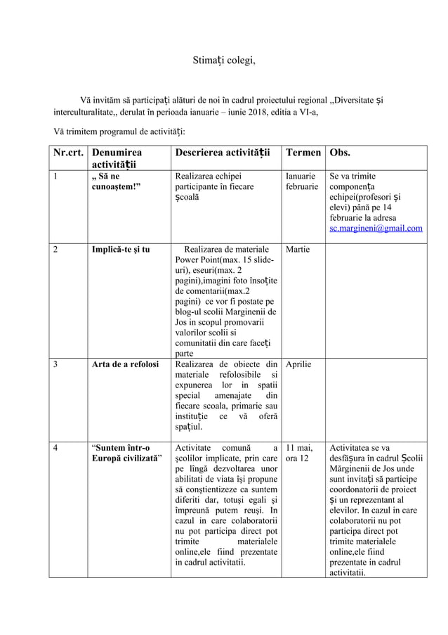 Invitatie participare Proiect Diversitate si interculturalitate - editia VI | PDF