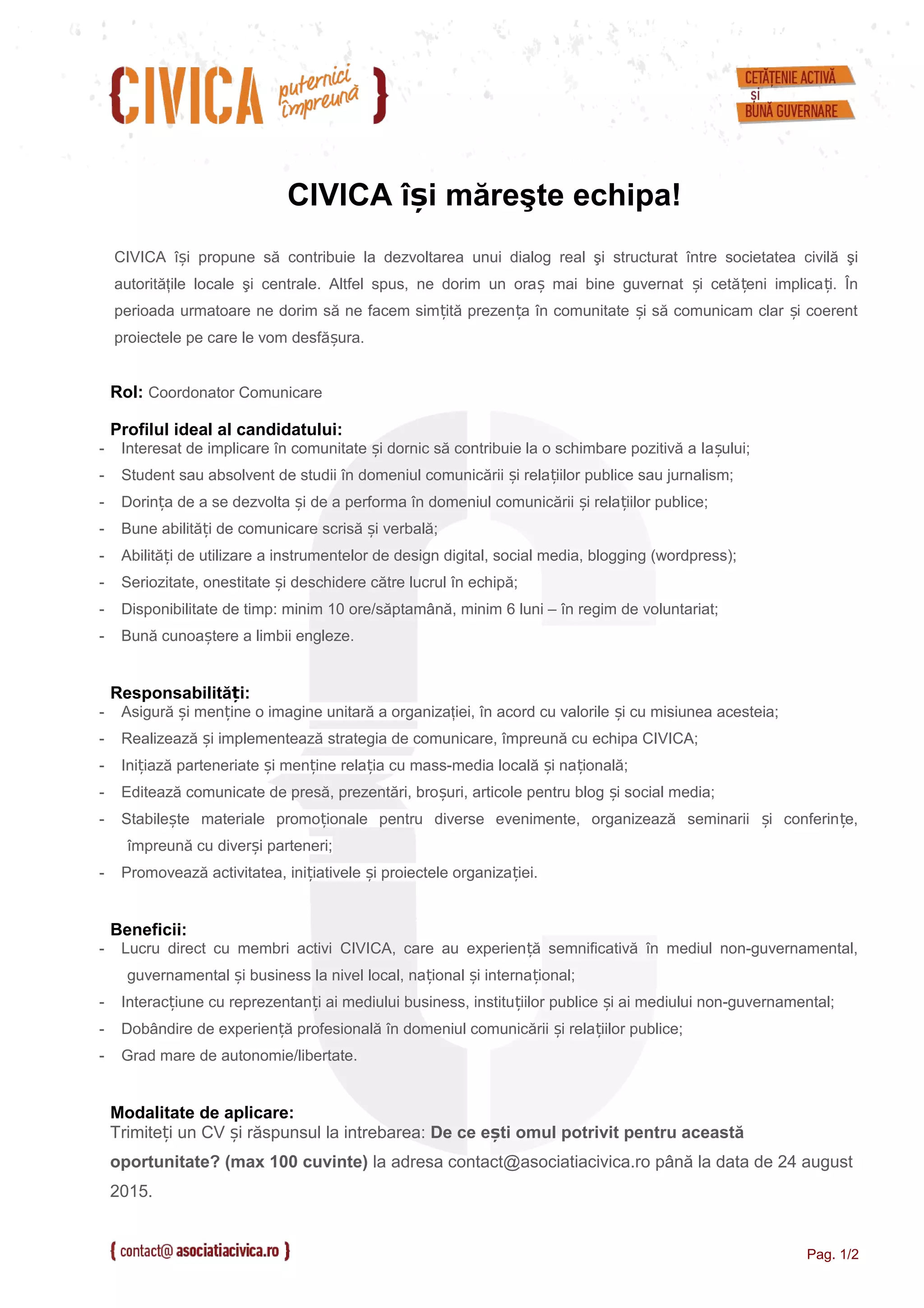 Fisa post - coordonator comunicare CIVICA | PDF
