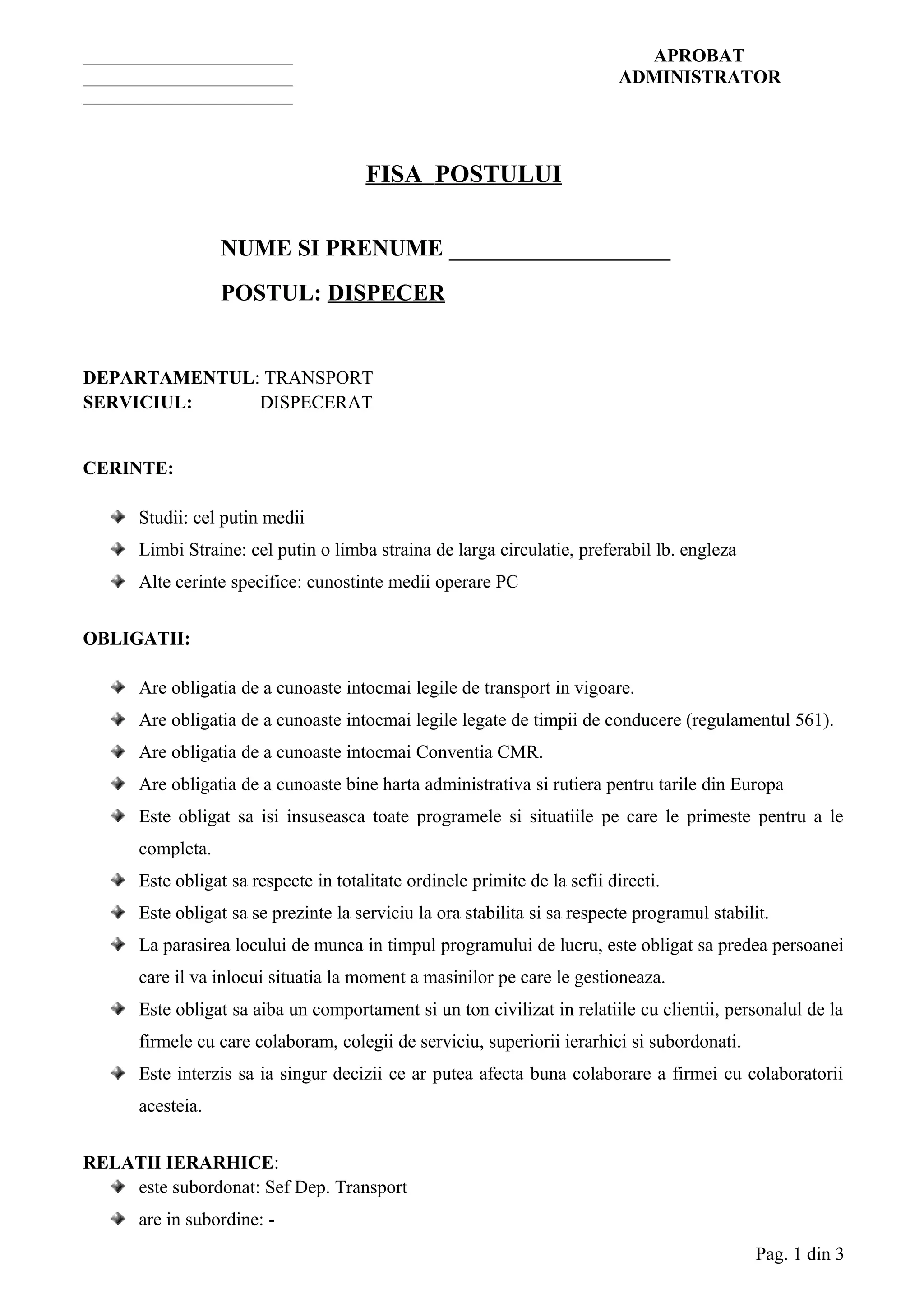 Fisa post dispecer | PDF