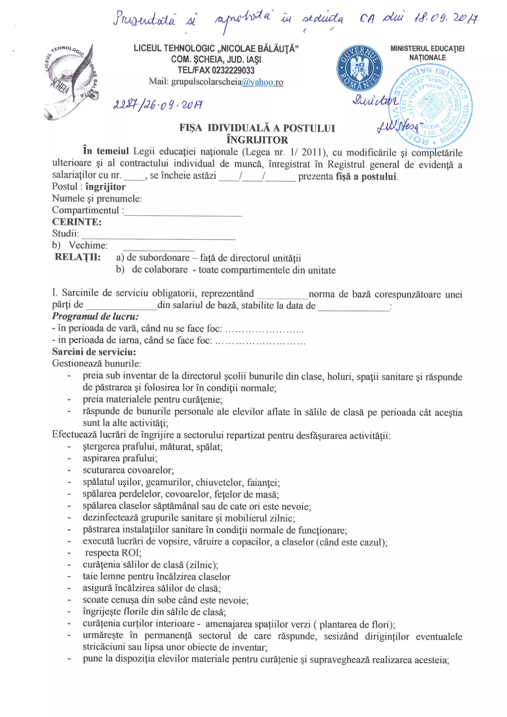 Fisa postului ingrijitor | PDF