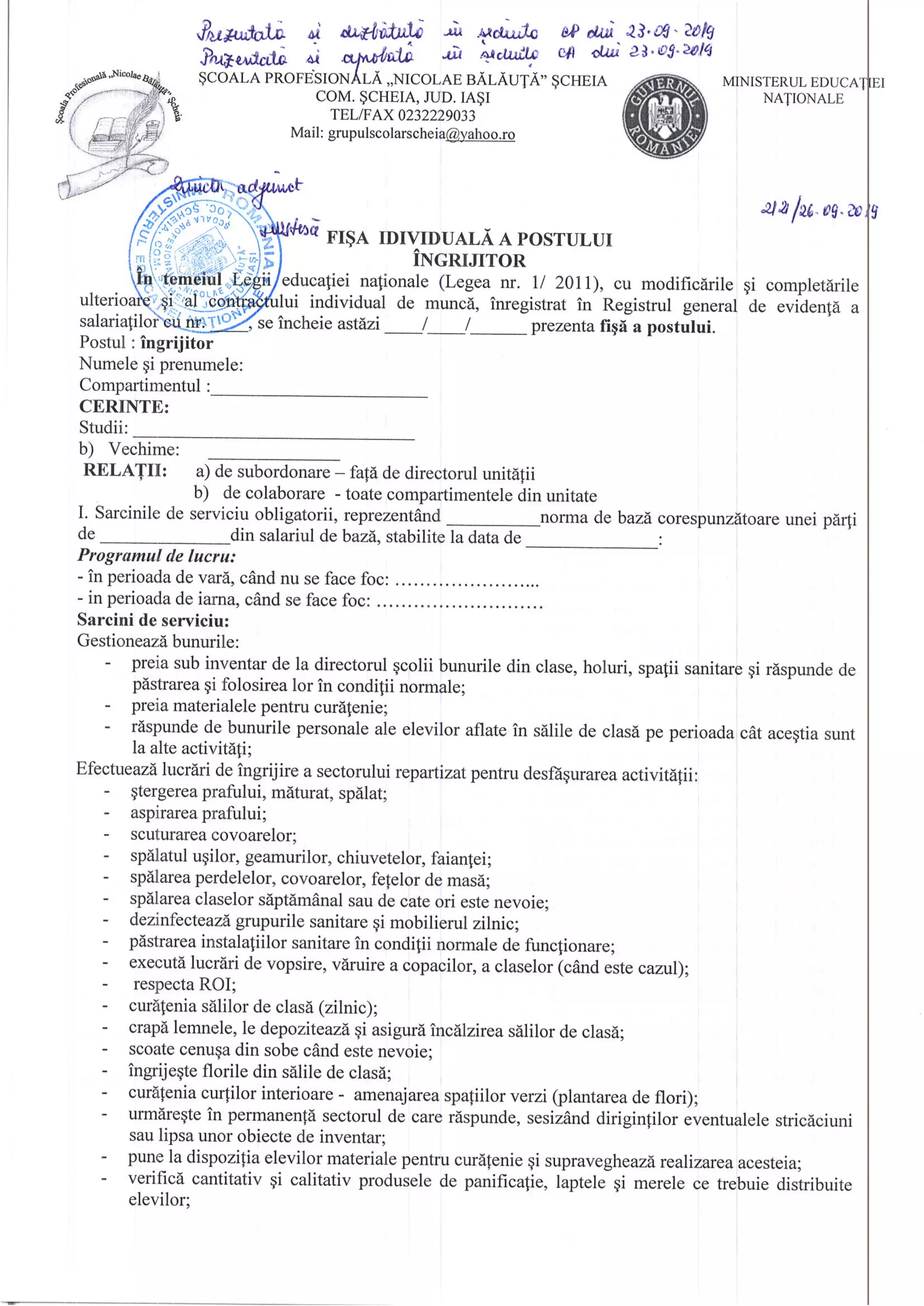 Fisa postului ingrijitor scoala | PDF