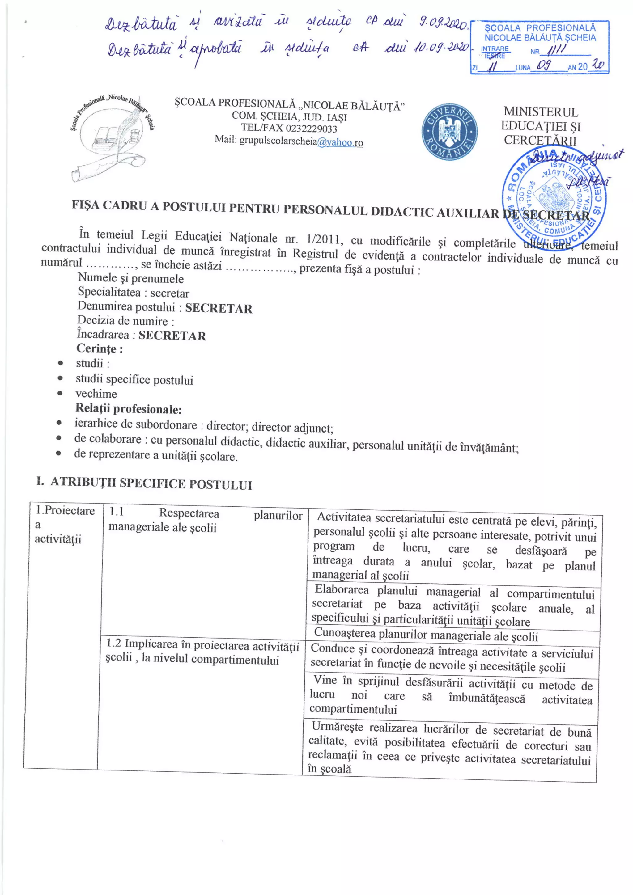 Fisa postului secretar | PDF