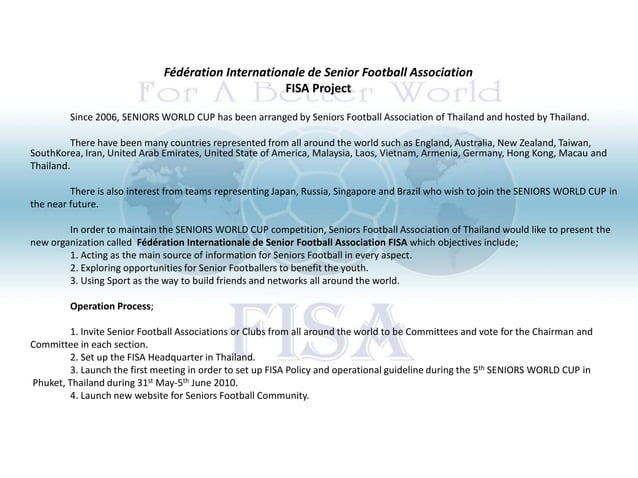 FISA Fédération Internationale de Senior Football Association | PPT
