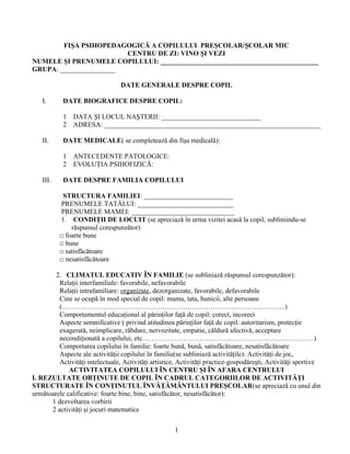 Fisa psihopedagogica a copiilor prescolari | DOC