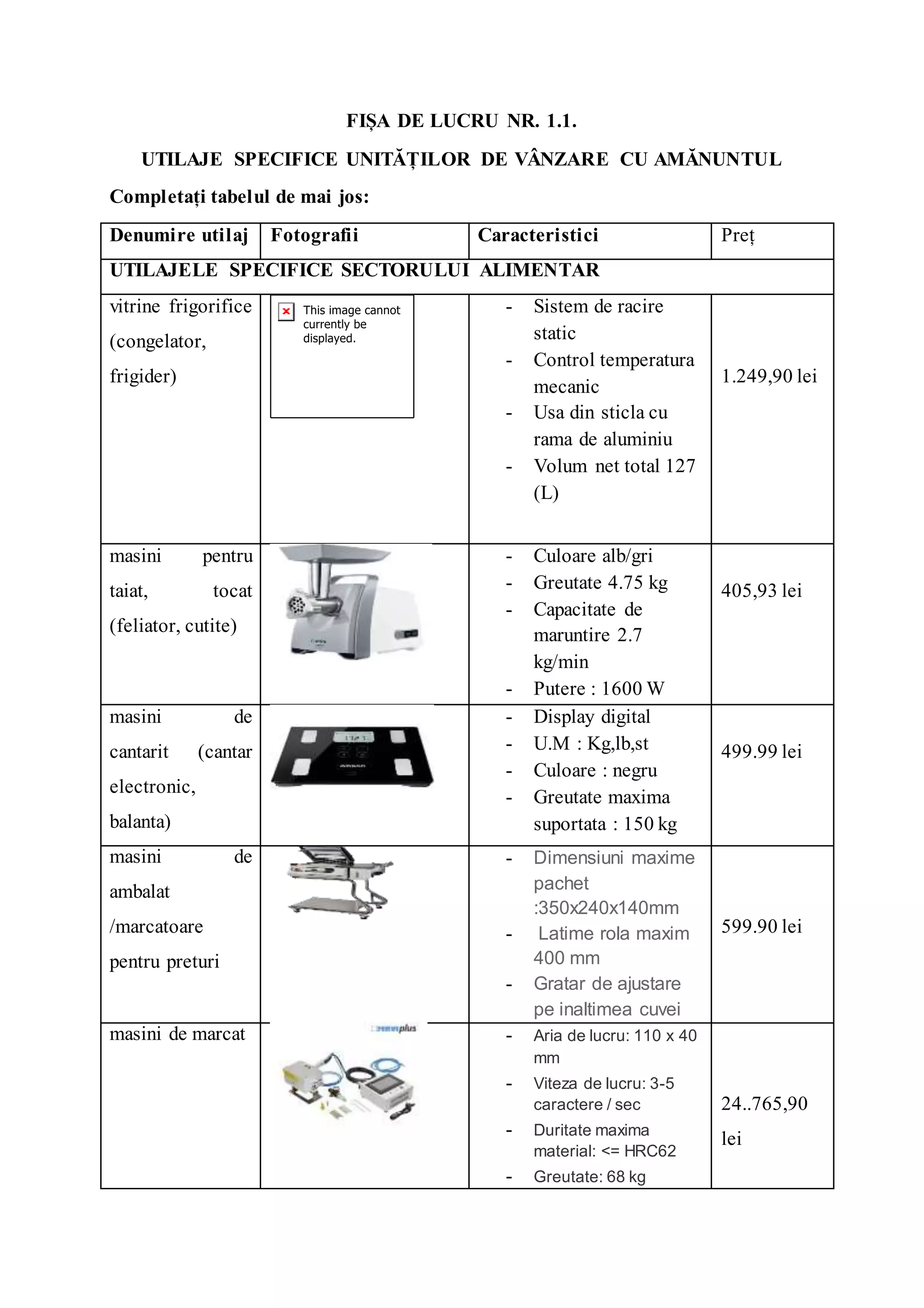 Fise de lucru rezolvate - Utilaje specifice unitatilor de vânzare | DOCX