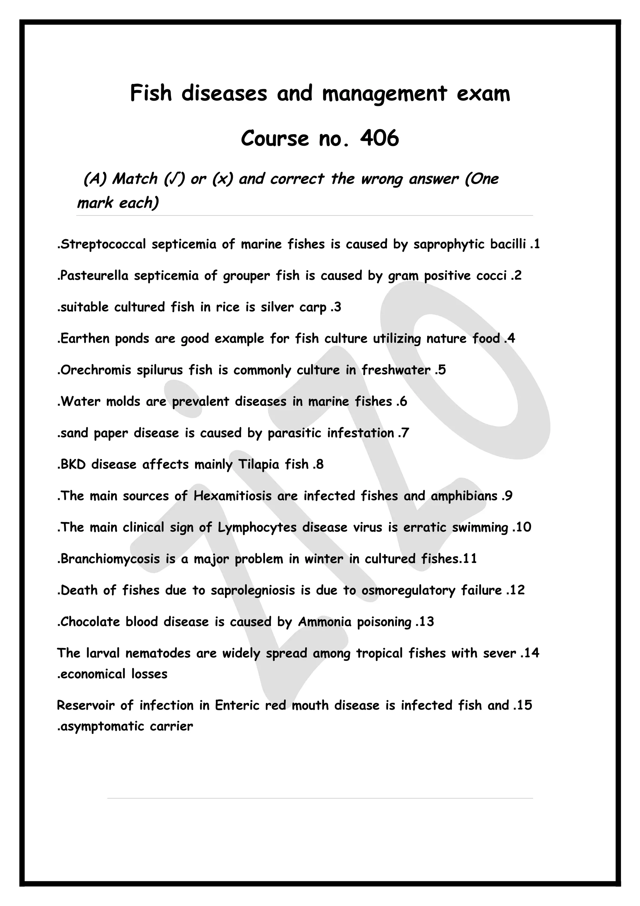 Fish Diseases And Management Exam | DOC