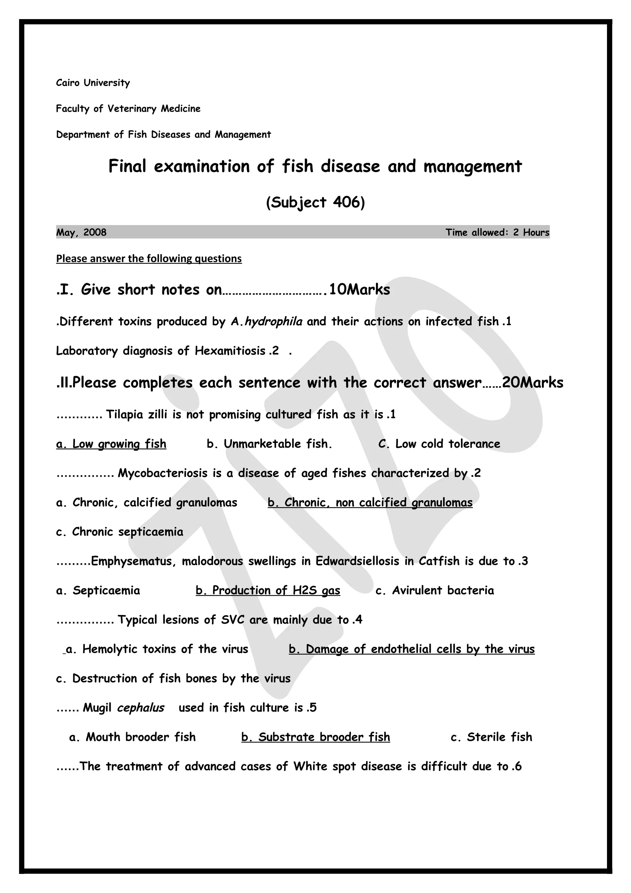 Fish Diseases And Management Exam | DOC