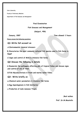 Fish Diseases And Management Exam | DOC