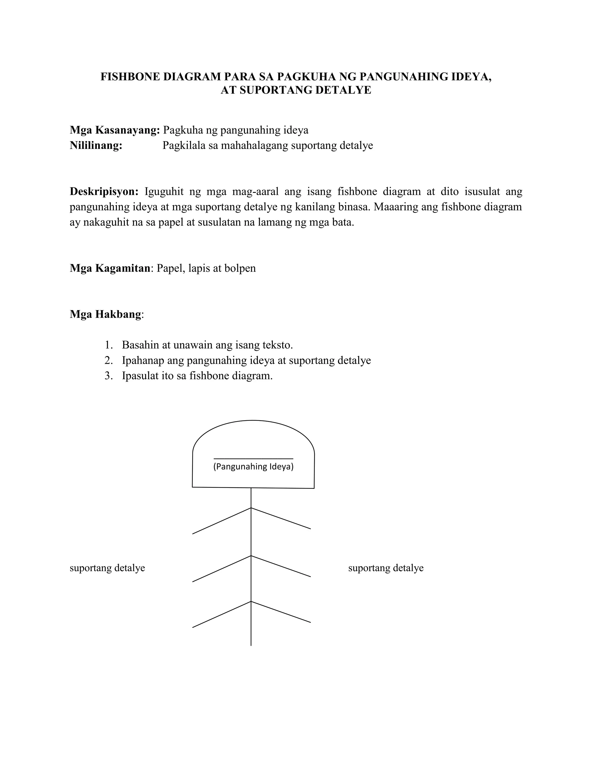 Fishbone diagram para sa pagkuha ng pangunahing ideya | DOCX