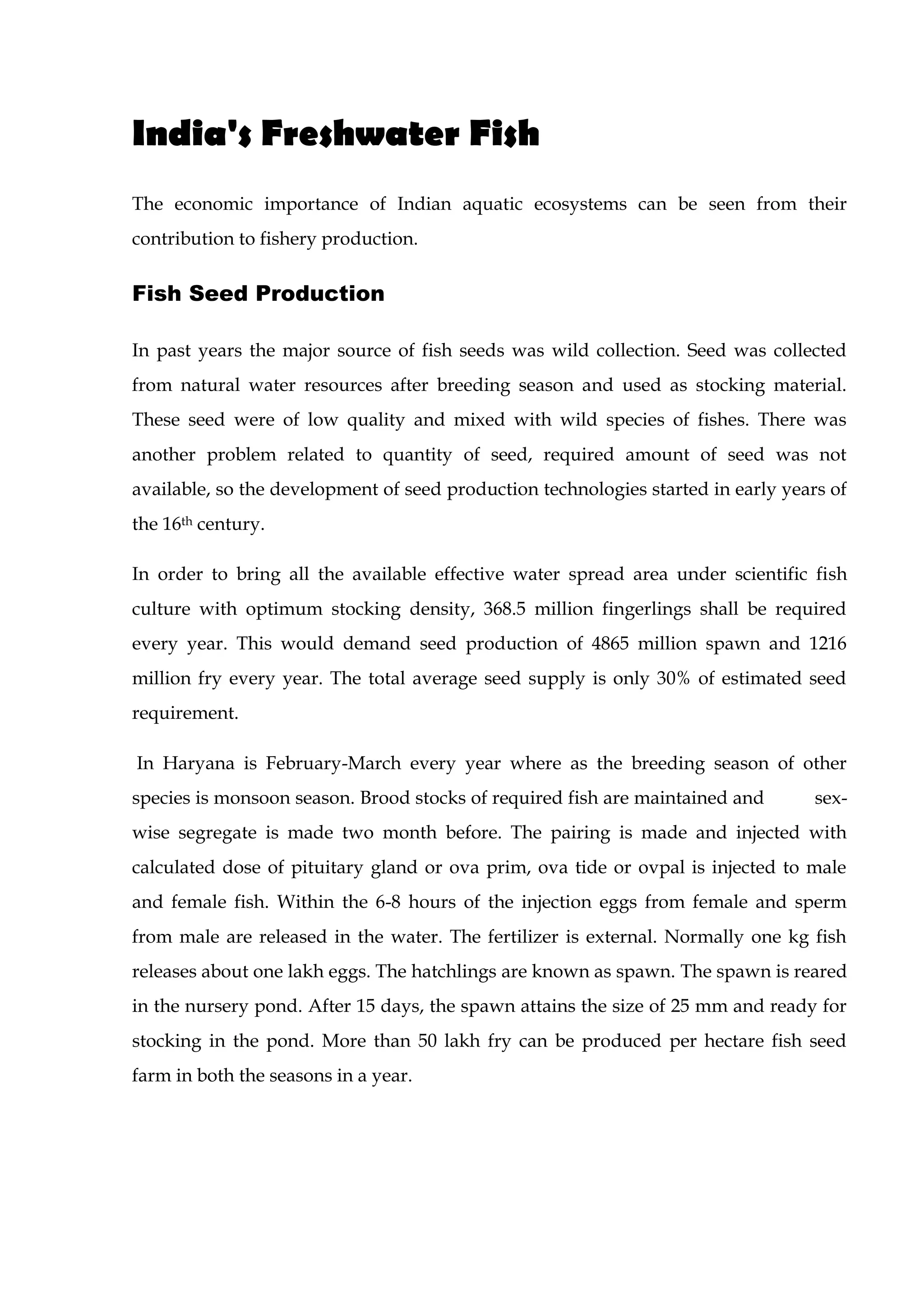 FISH SEED PRODUCTION & CULTIVABLE FISH SPECIES WITH FISH CUM DUCK ...