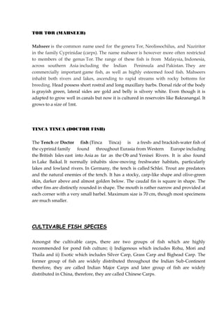 FISH SEED PRODUCTION & CULTIVABLE FISH SPECIES WITH FISH CUM DUCK ...