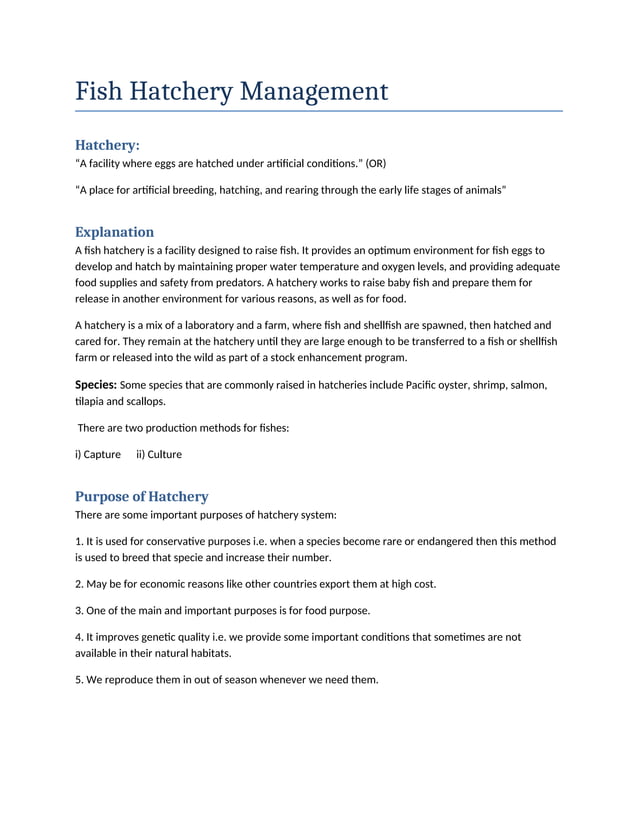 Fish Hatchery Management, Fish hatchery requirements.docx