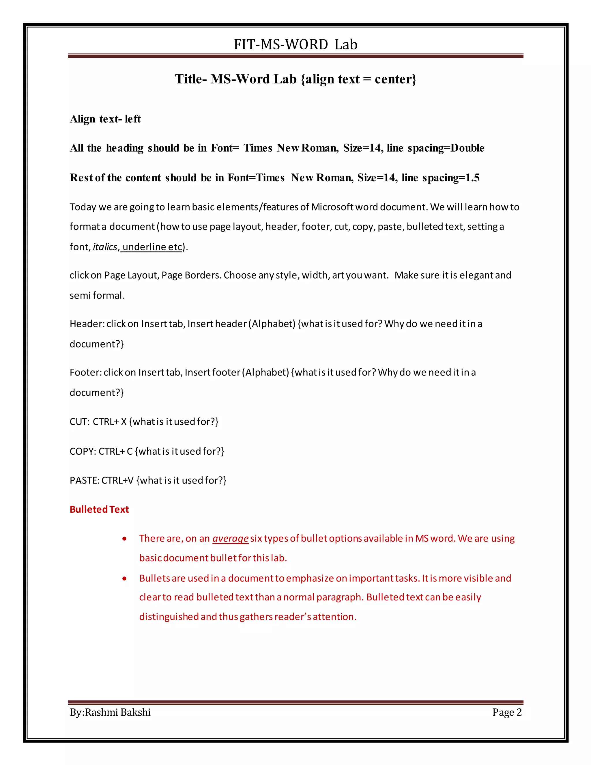 FIT-MS-WORD Lab | BCA | DOCX