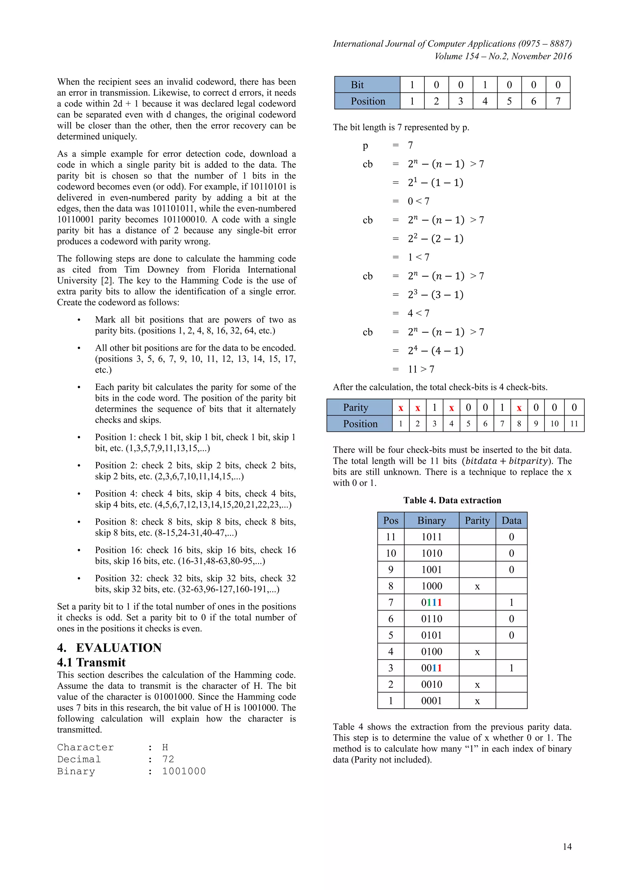 Single Bit Parity Detection And Correction Using Hamming Code 7 Bit Model Pdf