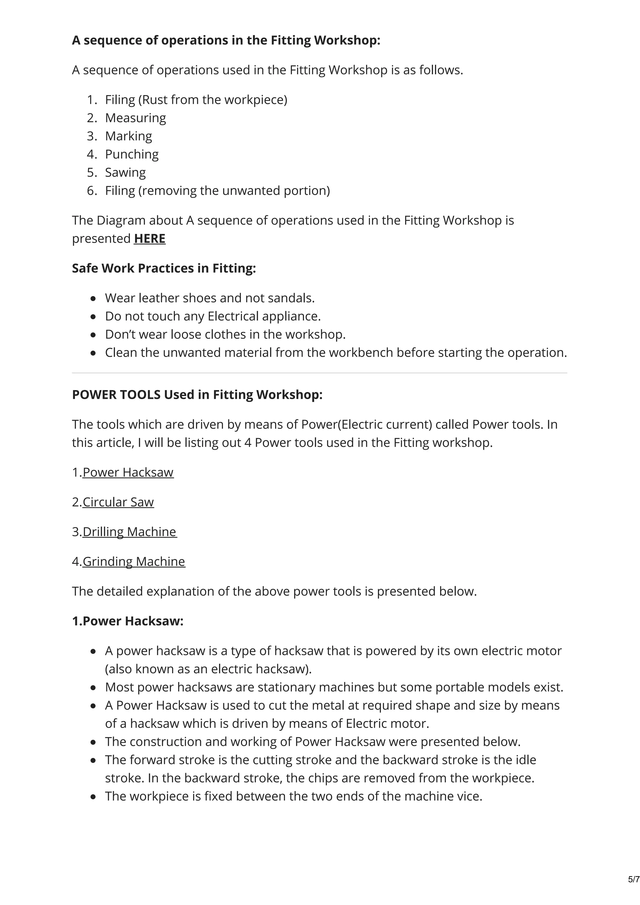 Engineering Fitting workshop:holding,measuring,marking,finishing, striking and power tools | PDF
