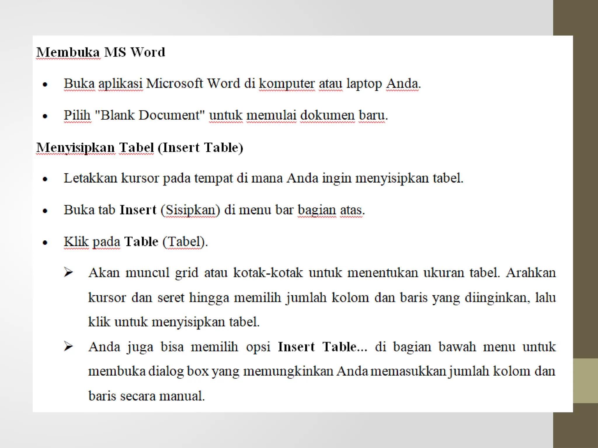 Fitur Insert Table pada microsoft word | PPTX