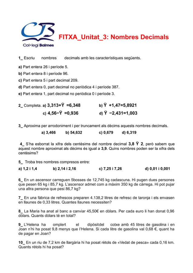 Fitxa unitat 3- nombres decimals | PDF