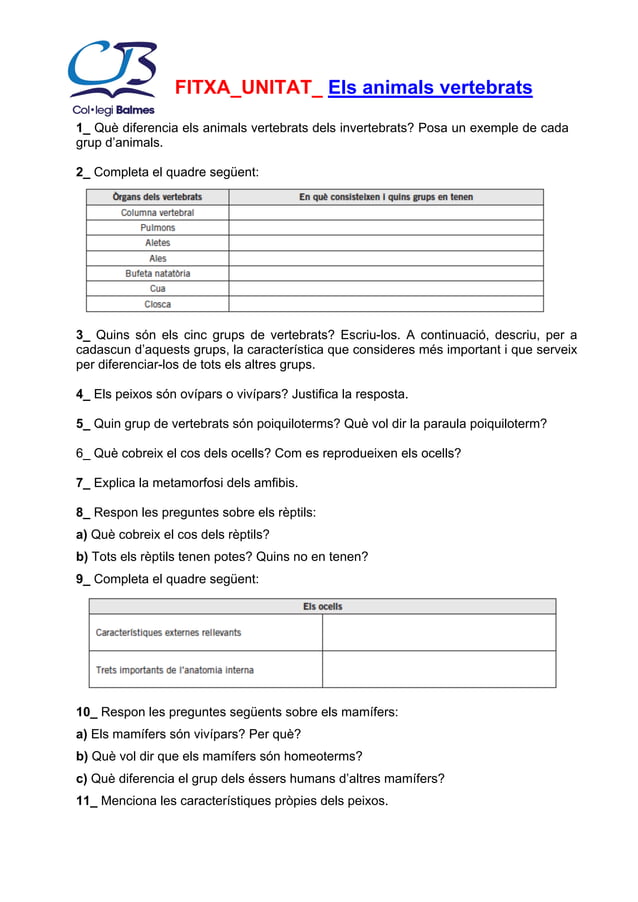 Fitxa unitat 4.els animals vertebrats | PDF Fitxa unitat 4.els animals vertebrats | PDF