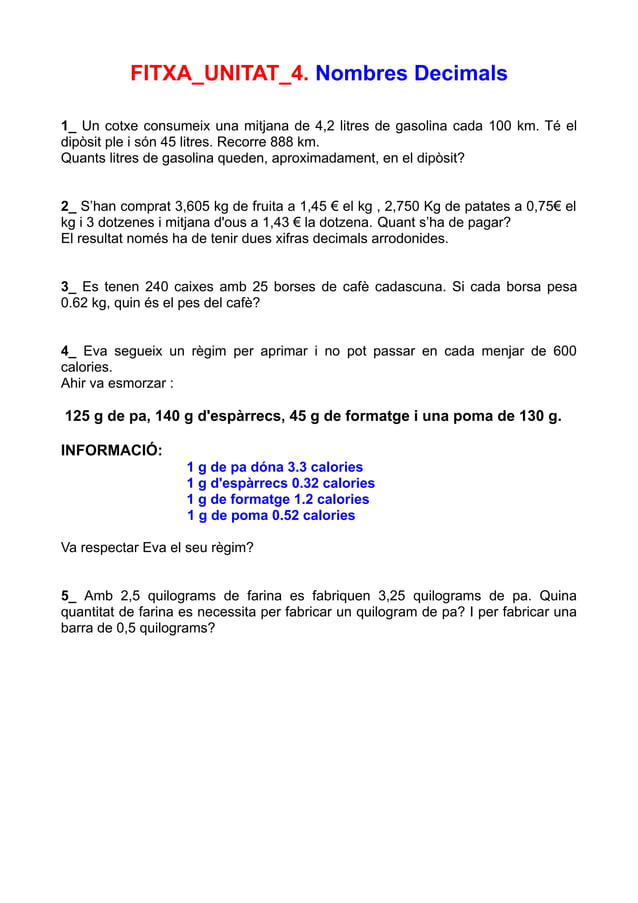 Fitxa unitat 4. nombres decimals | PDF