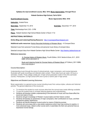 Fiu music appreciation class syllabus @hghs 2014 fall semester | PDF