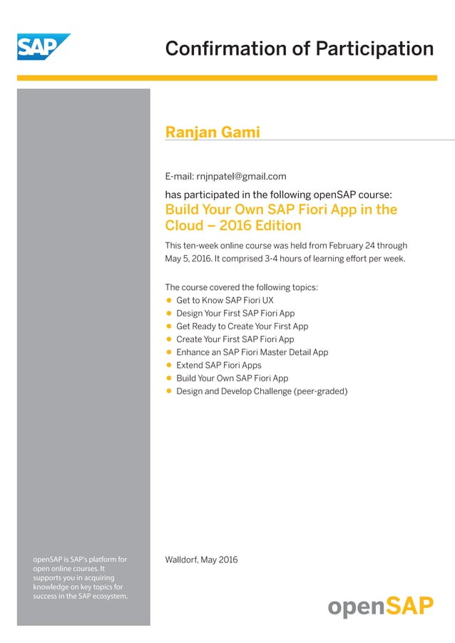 openSAP - SAP Fiori Certificate of Participation in online training | PDF