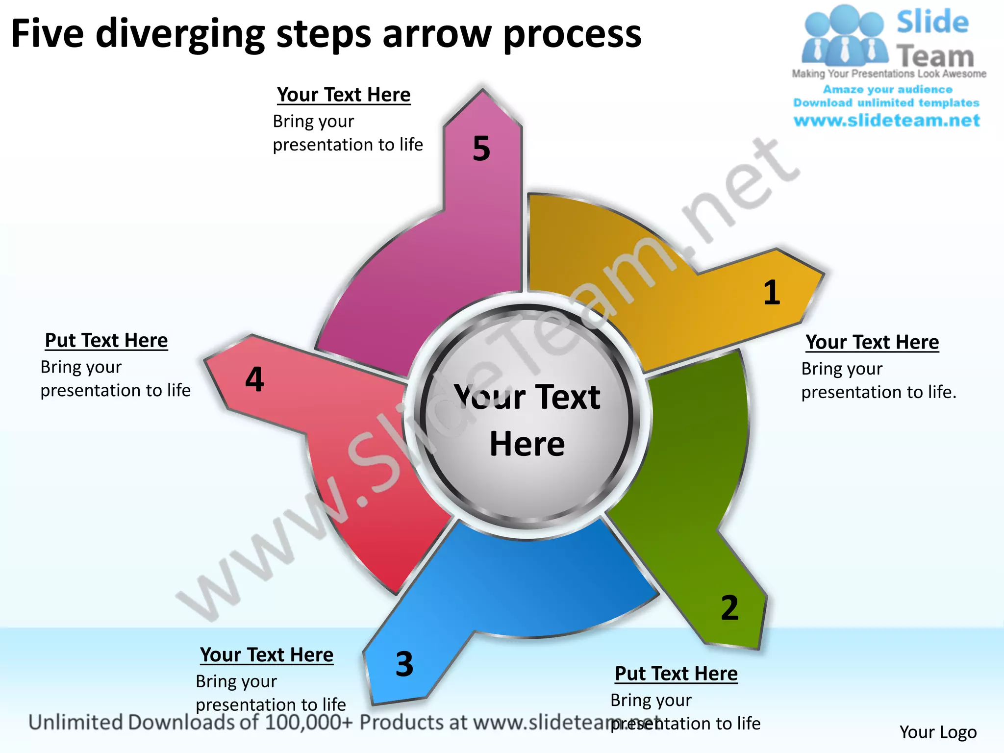 Five diverging steps arrow process cycle flow chart power point ...