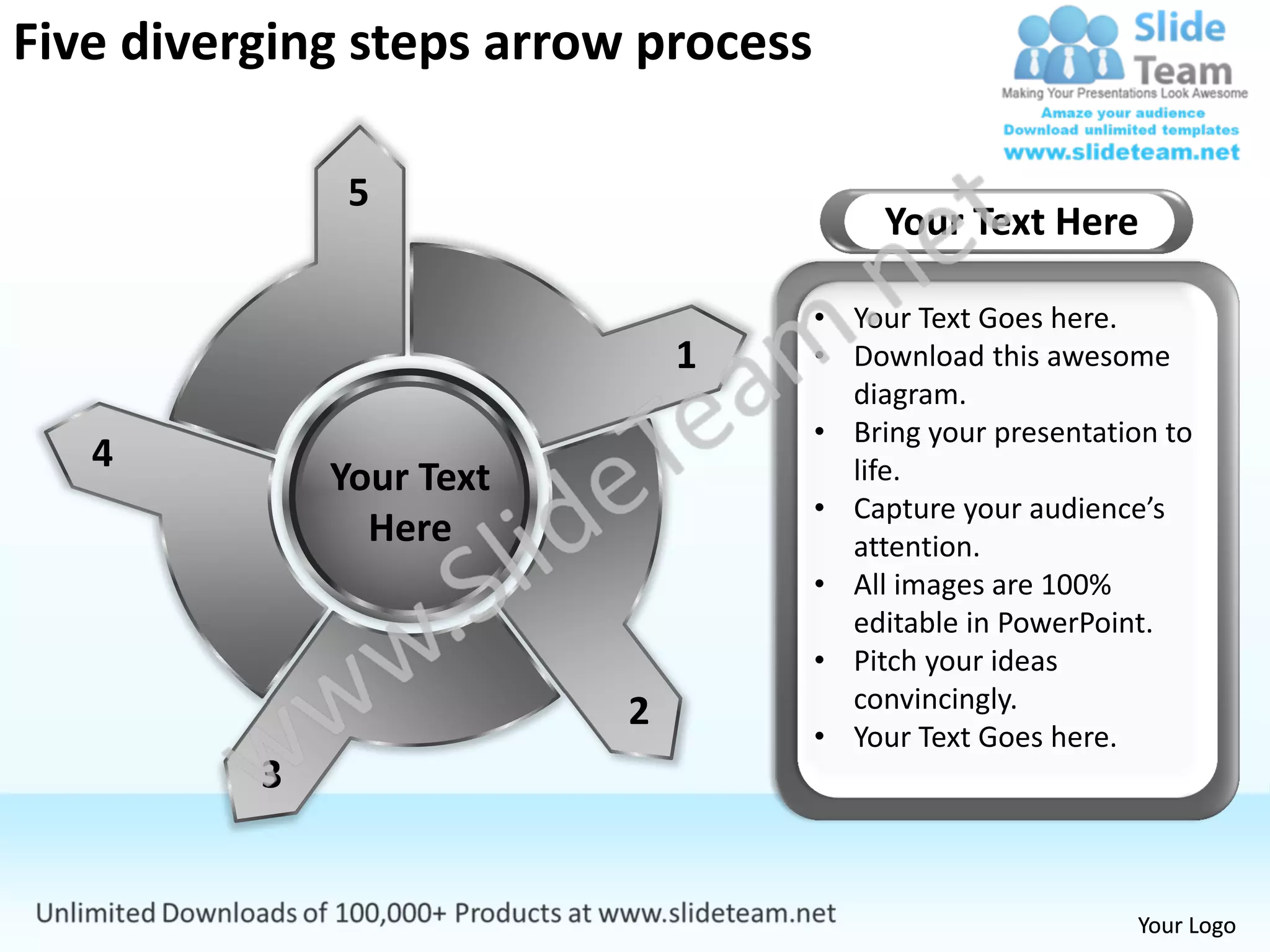 Five diverging steps arrow process cycle flow chart power point ...