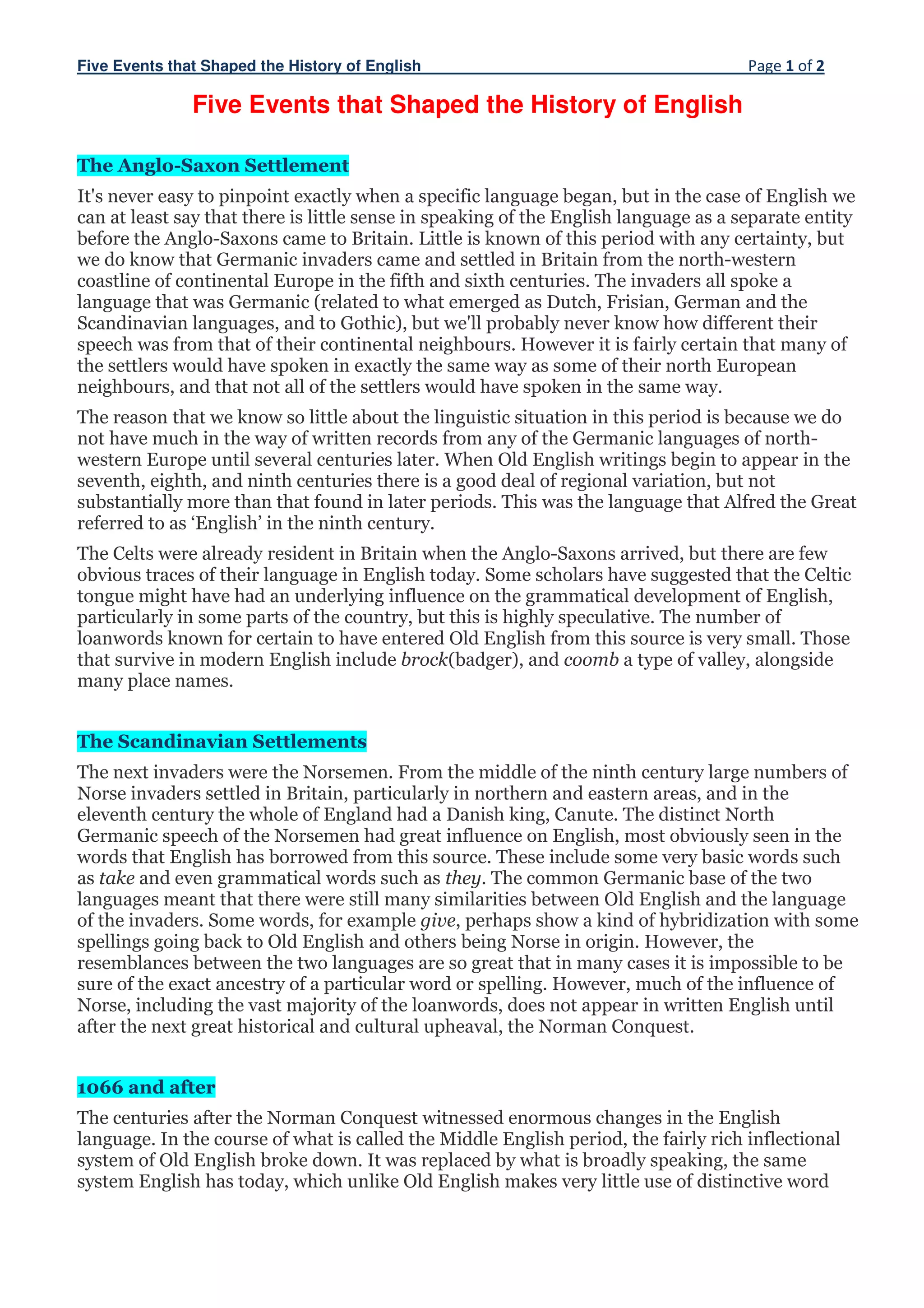 Five events that shaped the history of english | PDF