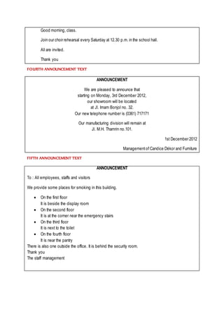 Announcement Text Example